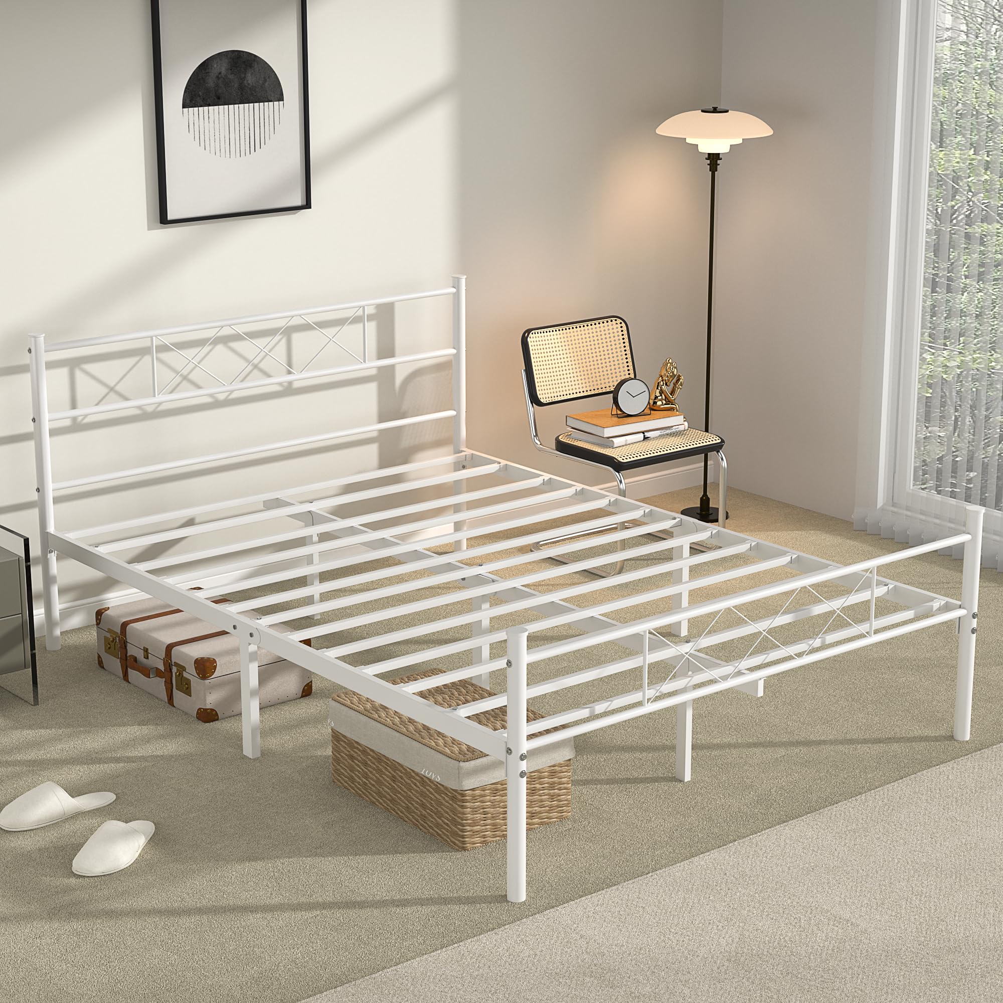 VECELO Full Size Platform Bed Frame with Headboard and Footboard, Heavy-Duty Mattress Foundation with Steel Slats Support, No Box Spring Needed/Easy Assembly, Pure White