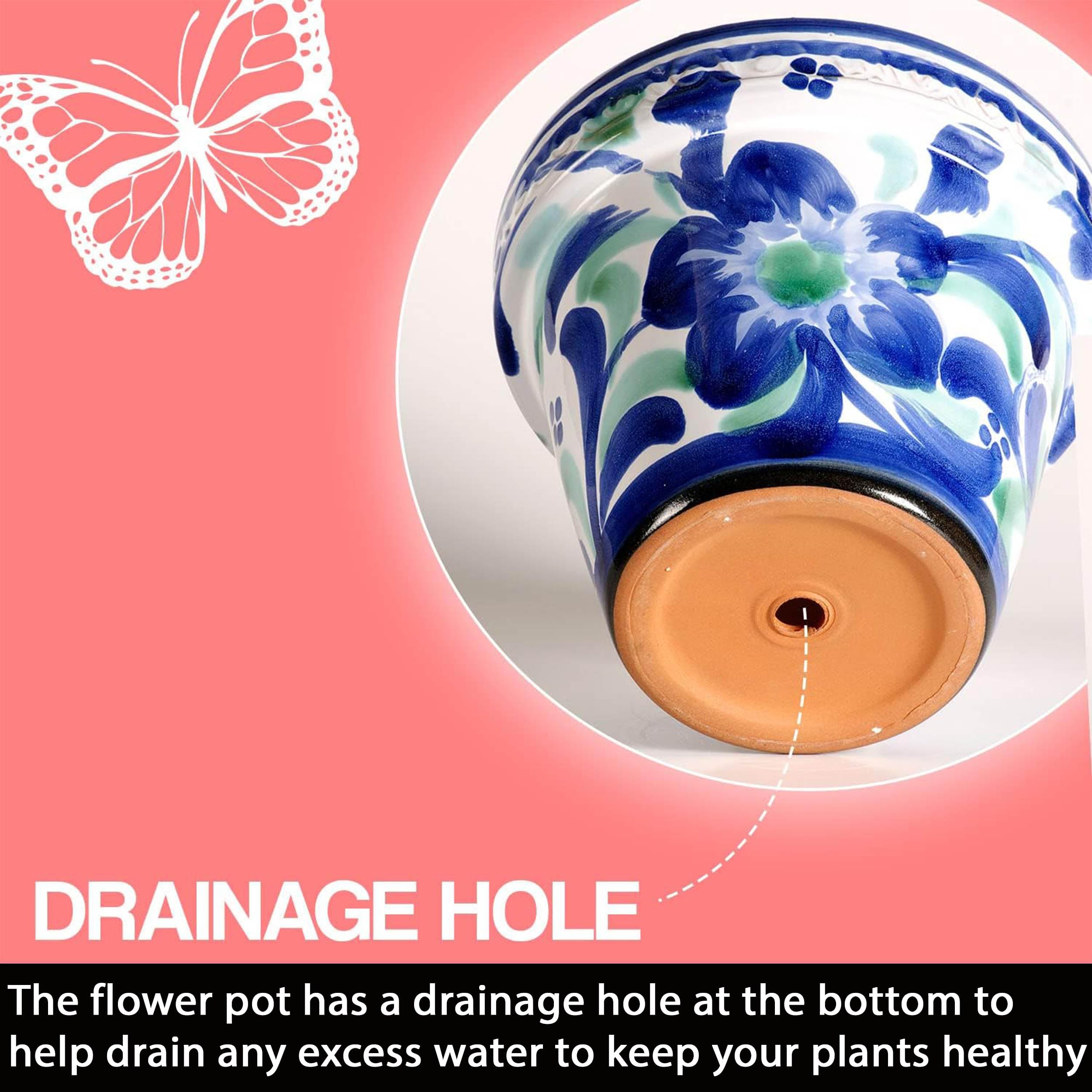 Villa Imports Spanish Hand-Painted Flower Pot - Bring a Touch of Spain to Your Home (6.5") (Blue Flower)