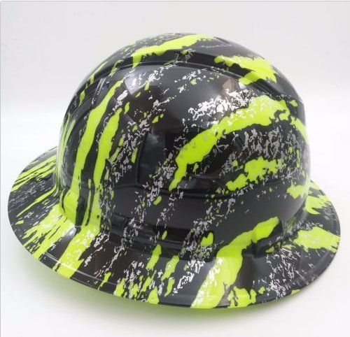 Wet Works Imaging Customized Pyramex Full Brim Hi Vis Green Urban Camo Hard Hat with Ratcheting Suspension