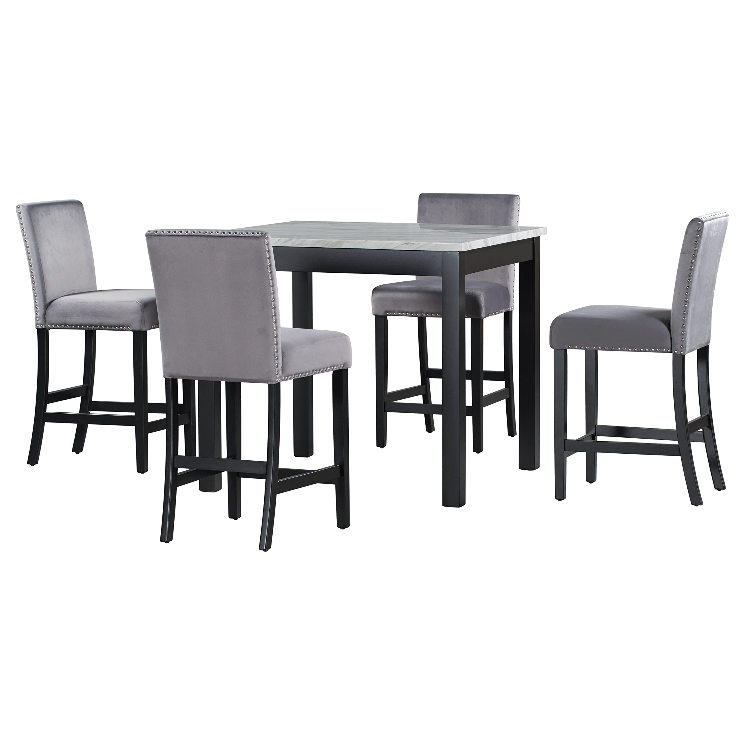 WOZNLA 5-Piece Counter Height Dining Set for 4, Square Faux Marble Table with 4 Comfortable Upholstered Chairs for Kitchen and Living Room, Gray