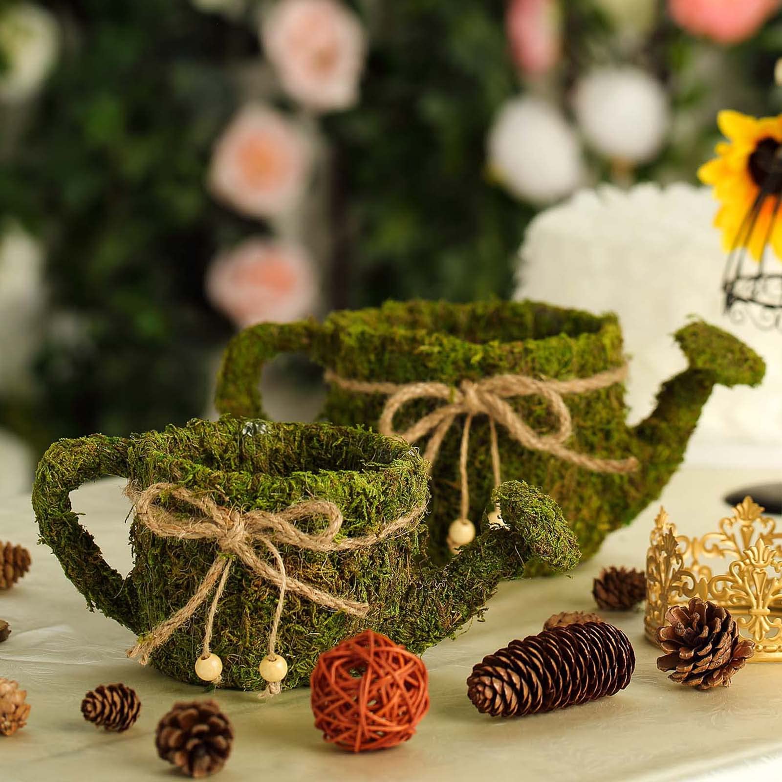 TABLECLOTHSFACTORY Set of 2 | Preserved Moss Watering Can Planter Box with Natural Braided Twine Bow - 11" & 10"