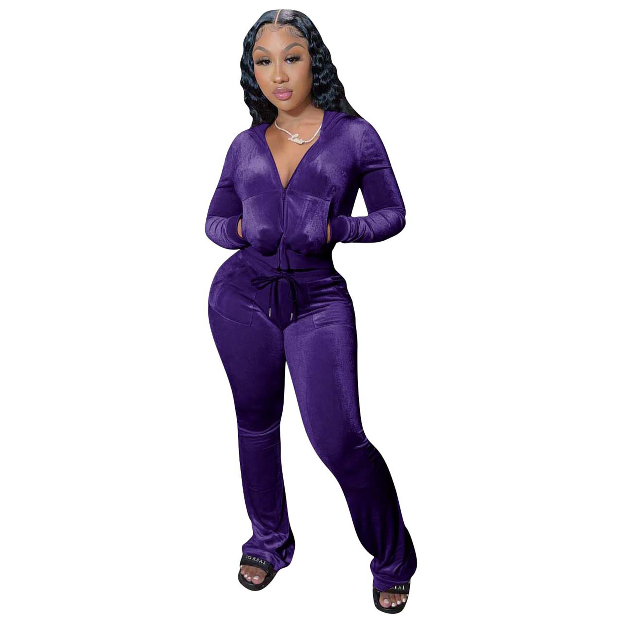 Womens 2 Piece Velour Hoodie Jogger Tracksuit Two Piece Outfits for Women, Long Sleeve Full-Zip Up Velvet Crop Tops Jacket Flared Pants Fall Lounge Matching Sets Sportswear Jogging Sweatsuit Pockets