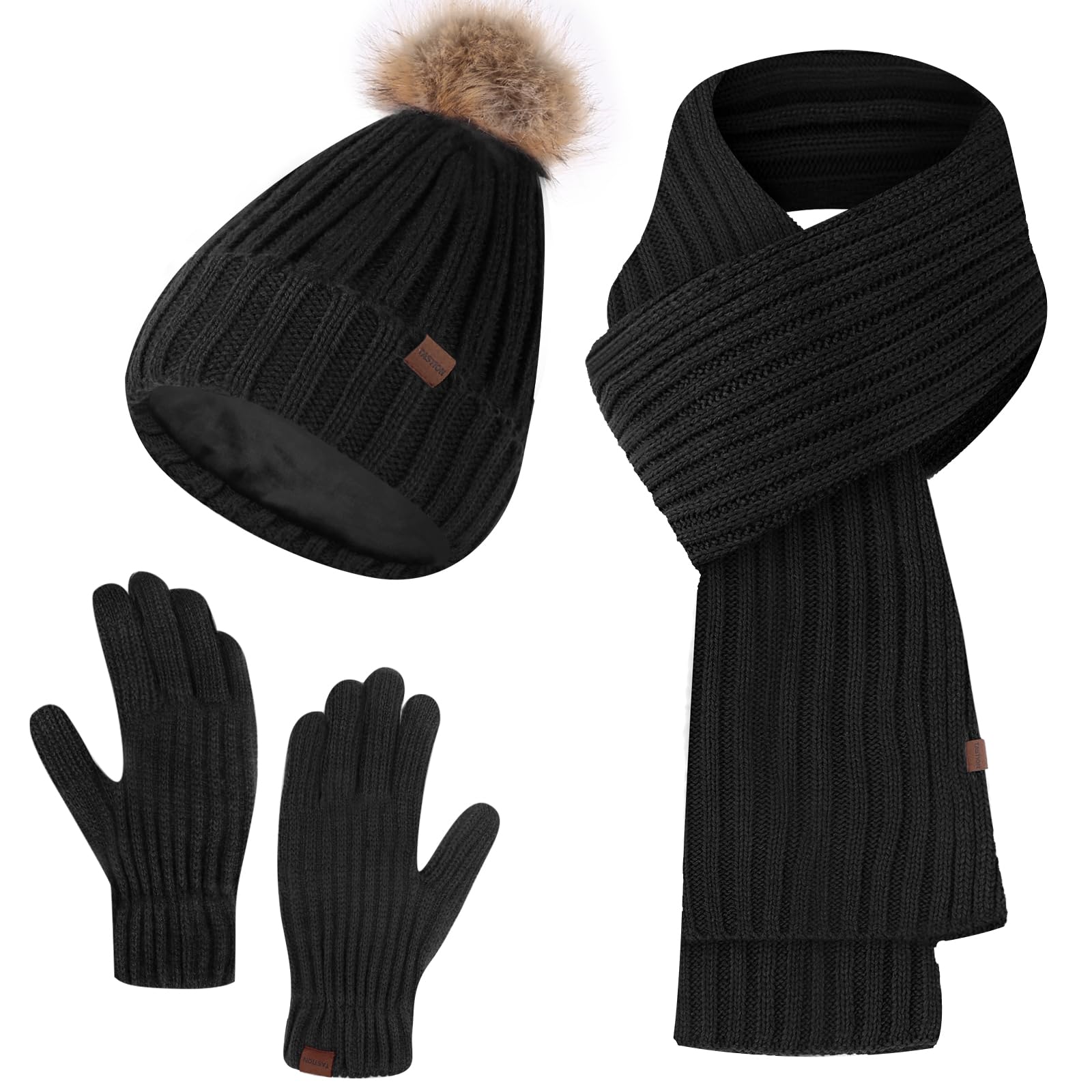 Winter Beanie Hat Scarf Gloves Set for Women, Womens Beanie Hat with Detachable Pom Pom Scarf Neck Warmer Touchscreen Gloves 3 in 1 Set(Black)