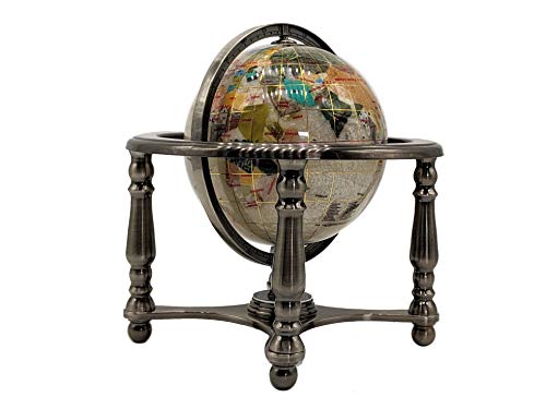 Unique Art 10-Inch Tall Pearl Swirl Ocean Gemstone World Globe with 4 Leg Silver Stand,white