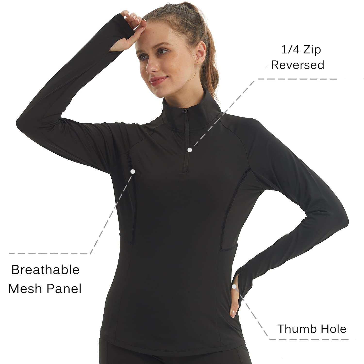 Womens Running Shirt 1/4 Zip Pullover Wick Yoga Jacket with Thumb Hole, Black, Small