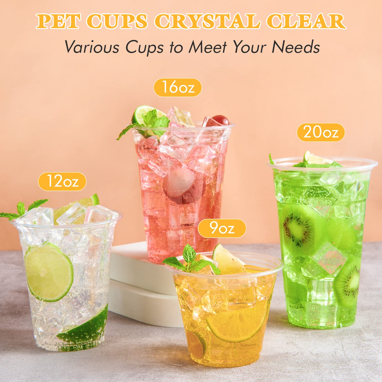 Vplus 300 Pack 12 OZ Clear Plastic Cups, PET Crystal Clear Cups, 12 OZ Disposable Cold Drinking Plastic Cups, Perfect for Ice Coffee, Smoothie, Juice, and mixed beverage(No Lids)