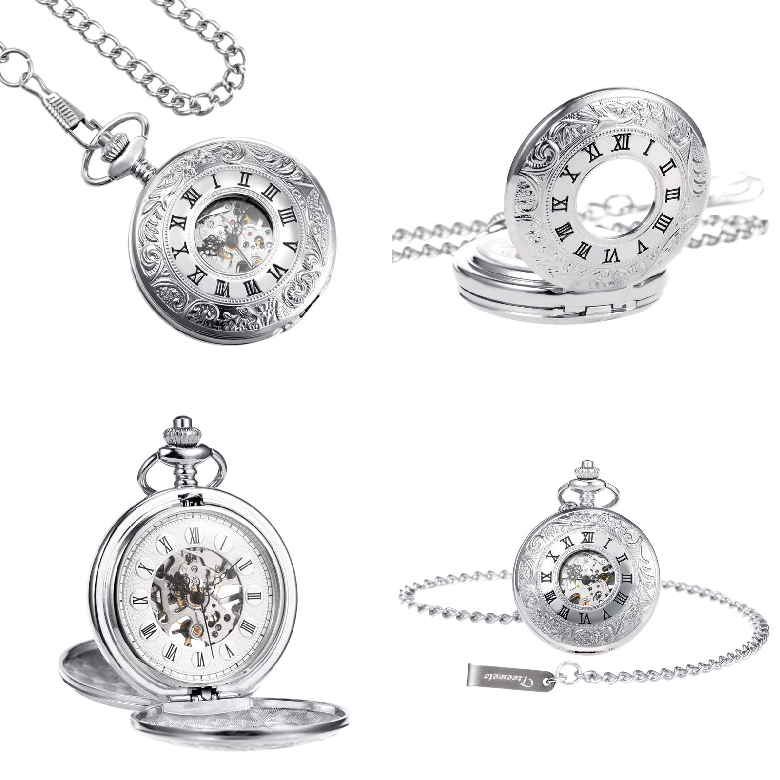 TREEWETO Antique Mens Pocket Watch Skeleton Mechanical Half Hunter Silver Case Roman Numerals