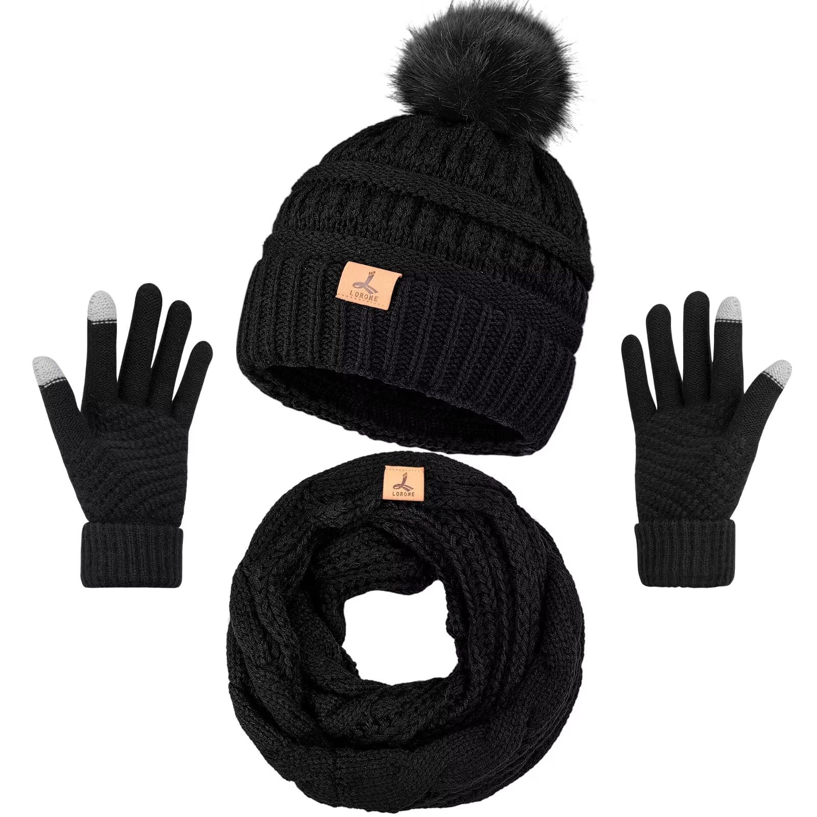 Winter Hat Scarf Gloves and Face Mask, Warm Knit Beanie Pompom Hat Touchscreen Gloves Set Gifts Circle Scarves for Women…