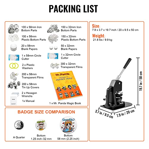 VEVOR Button Maker Machine, Multiple Sizes 1.25+2.25 Inch Badge Punch Press Kit, Children DIY Gifts Pin Maker, Button Making Supplies with 500pcs Button Parts & Circle Cutter & Magic Book
