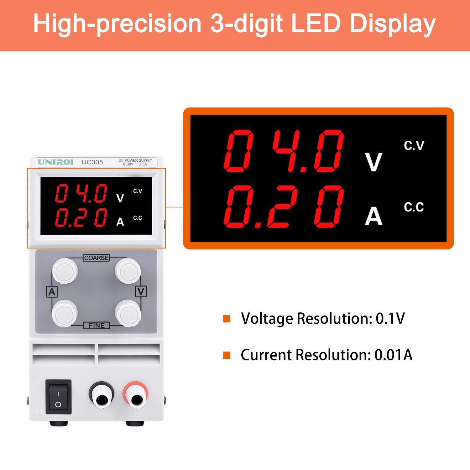 UNIROI DC Power Supply Variable(0-30 V 0-5 A),Adjustable Switching Regulated Power Supply Digital,3-Digit Alligator Leads Input Power Cord (UC305)