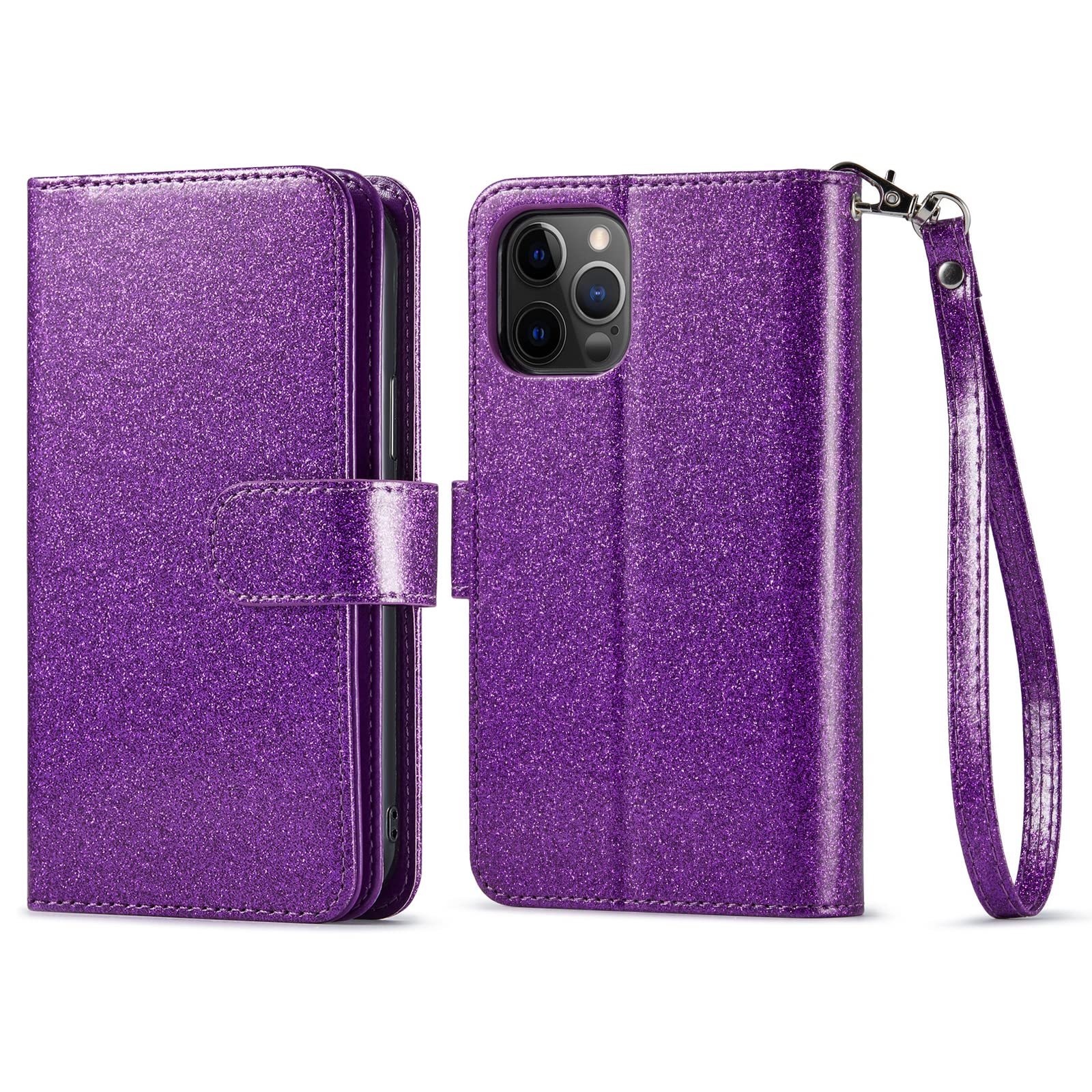 Varikke for iPhone 11 Pro Max Wallet Case, Detachable Magnetic Wallet Flip Cases for Women Men with Card Holder & Kickstand & Wrist Strap Fits iPhone 11 Pro Max Phone Cover Glitter PU Leather, Black