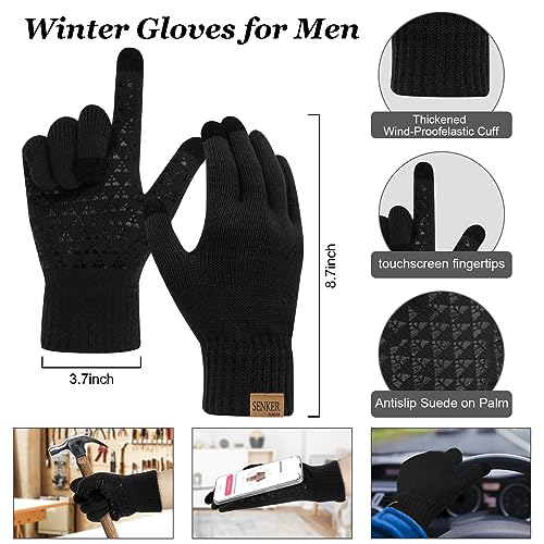 Winter Beanie Hat and Touchscreen Gloves Set for Men Women Warm Slouchy Beanie Thick Knit Gloves Fleece Lined Skull Cap, A-Black(2 Pcs)