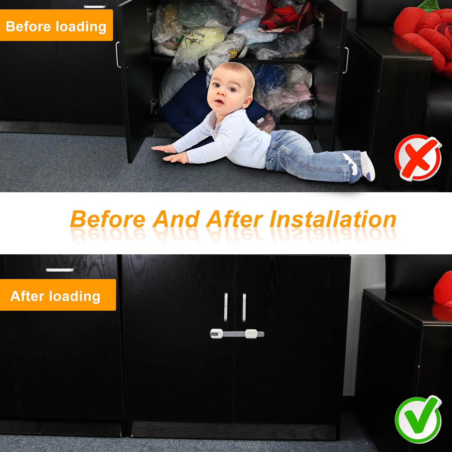 Vmaisi Baby Proofing Cabinet Locks - Childproofing Adjustable Multi Use Straps Latches for Drawers, Fridge, Dishwasher, Toilet Seat, Cupboard, Closet, Oven,Trash Can, Adhesive No Drilling (Grey)