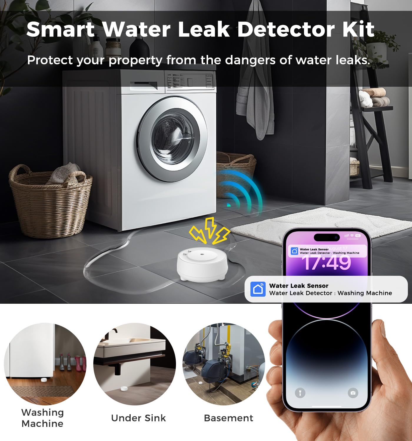 Smart Water Leak Detector,WiFi Water Sensor Alarm,110dB Adjustable Audio Alarm,IP65 Waterproof,4 Sensor Probes,32 Ringtones,app Control for Home,Kitchen,Bathroom,Basement