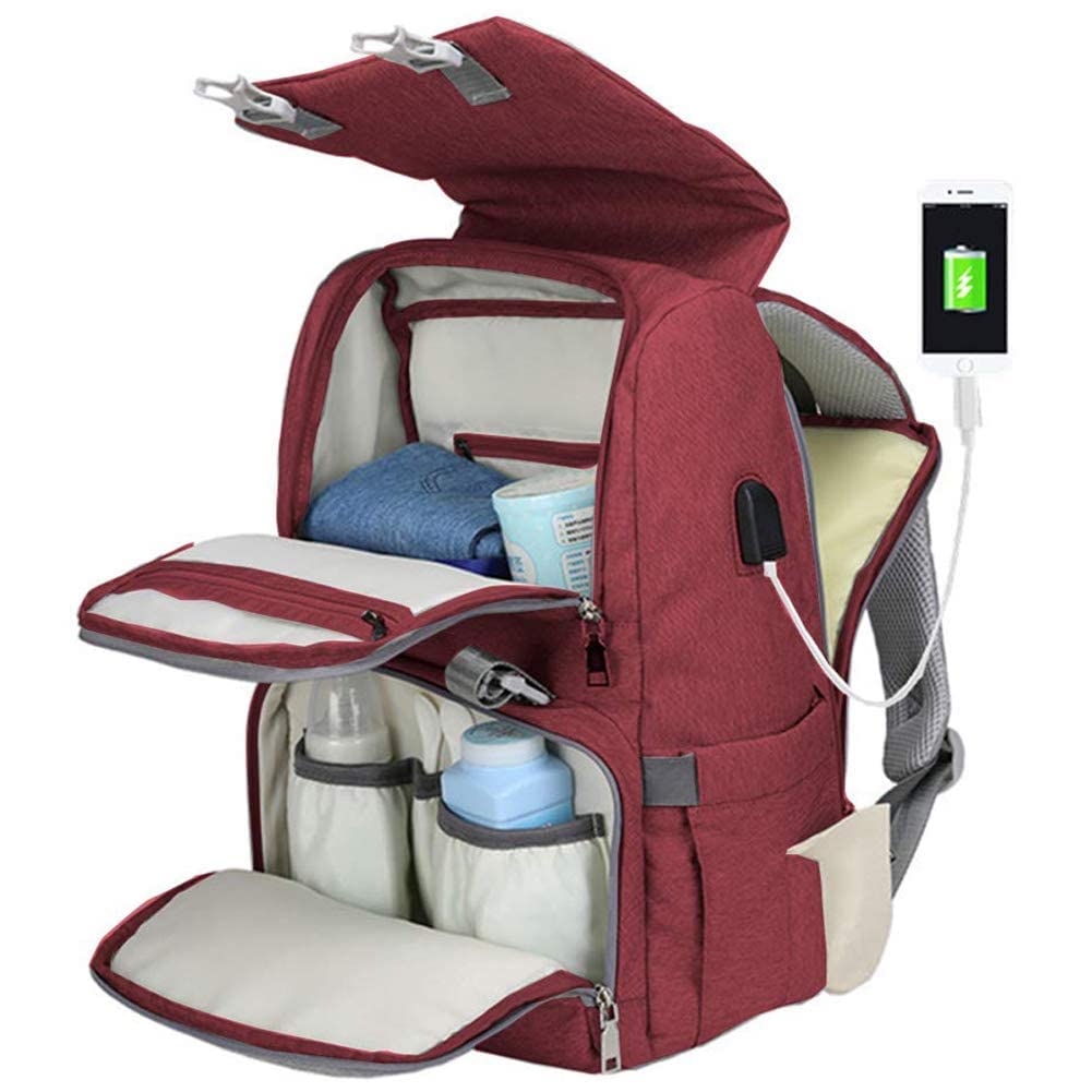 ZIRUNG Diaper Bag Backpack, Multifunction Travel Back Pack Maternity Baby Changing Bags with Changing Pad & Stroller Straps & Built-in USB Charging Port, Large Capacity, Waterproof and Stylish,Red