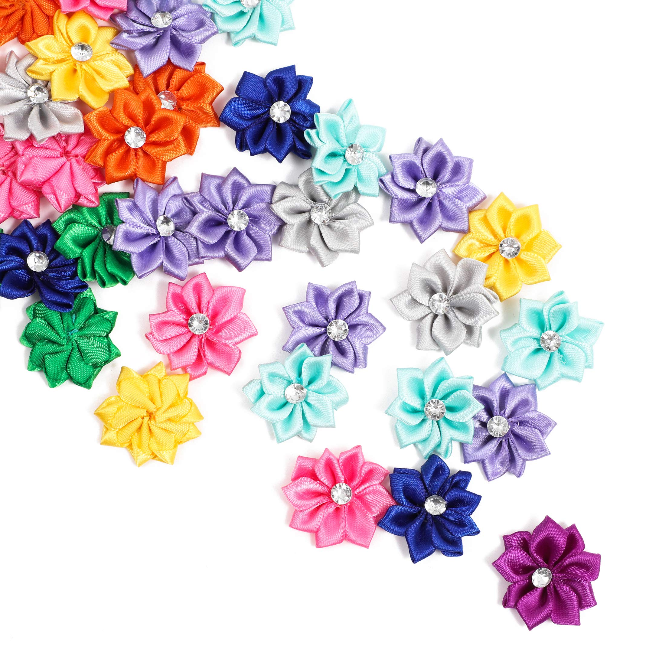 Satin Ribbon Daisy Flower Heads with Rhinestones, 10 Colors (1.2 in, 100 Pack)