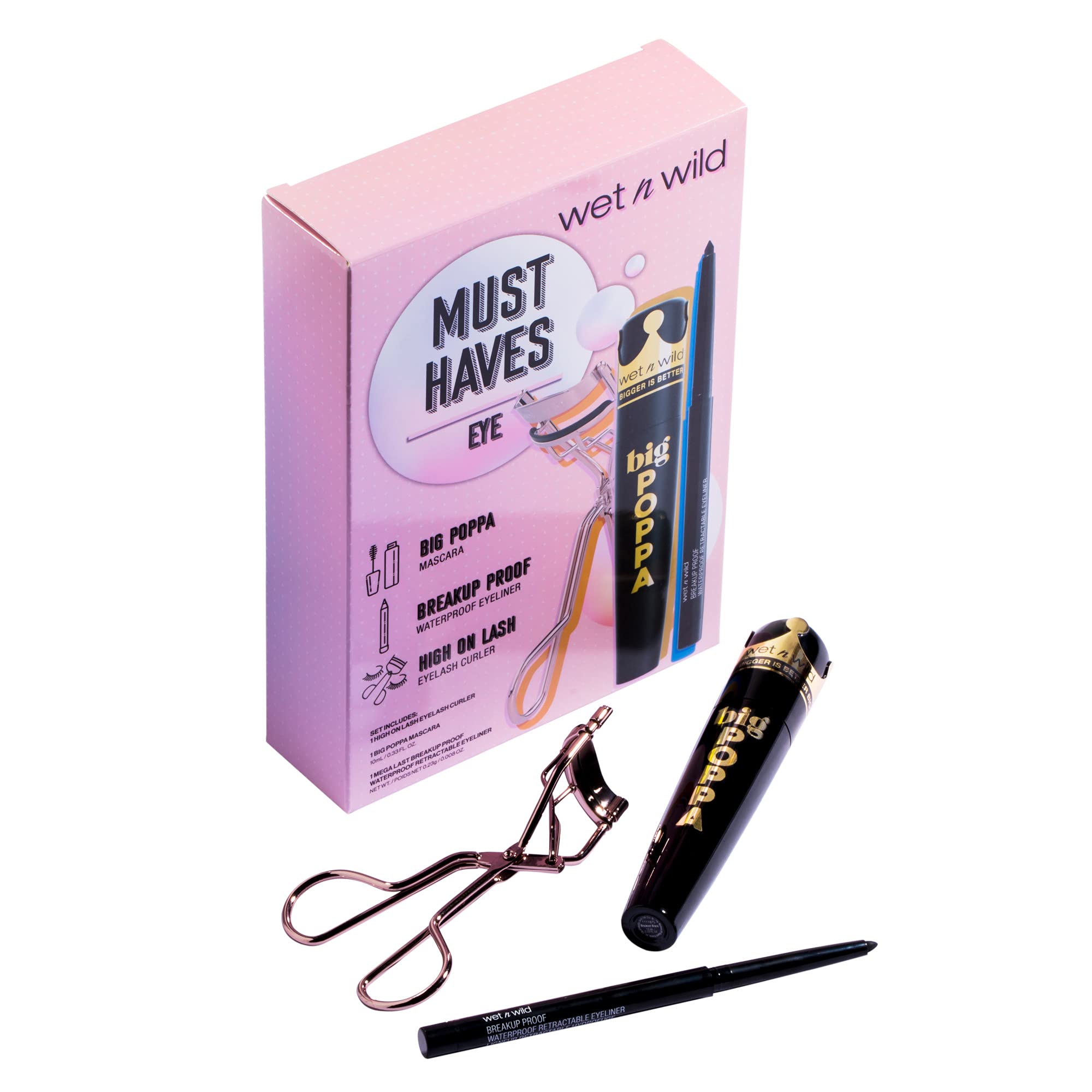 wet n wild Must-Have Eye Kit, Big Poppa Mascara, Eyelash Curler, Retractable Waterproof Eyeliner, Blackest Black (1180439)