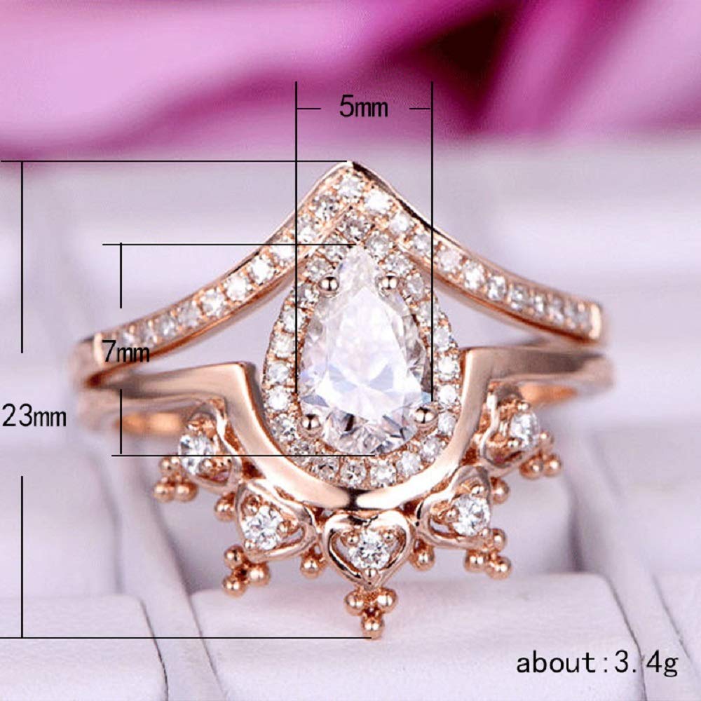 WYS Teardrop Cubic Zirconia CZ Queen Crown Ring Set Women's Rose Gold Plated Curve V Shape Wedding Bridal Band Set (US Code 6)