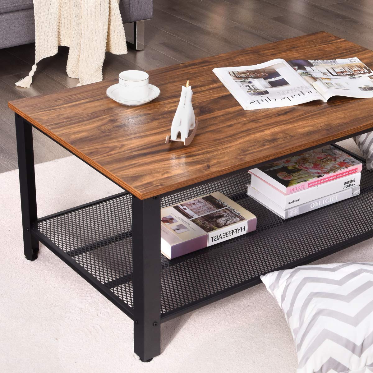 Toolsempire Rustic Coffee Table with Storage Shelf,42" Rectangle Sofa Tea Table for Living Room,Industrial Style Furniture with Strong Metal Frame for Home Office,Brown