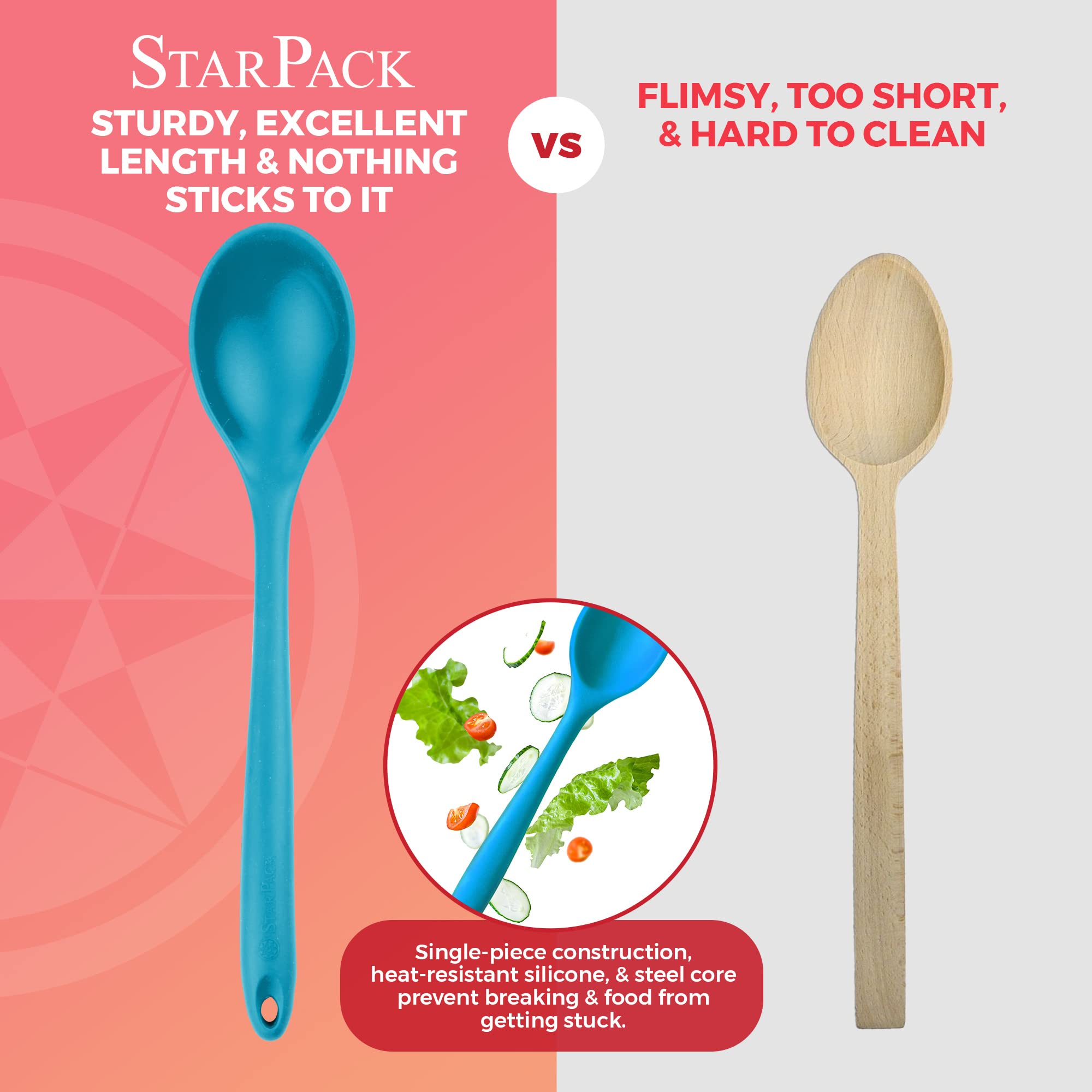 StarPack Basic Silicone Spoon for Cooking - Dishwasher Safe Mixing Spoon for Baking - Rubber Spoon with Heat Resistance up to 480°F - Hygienic Mixing Spoon for Cooking & Serving (Teal Blue)