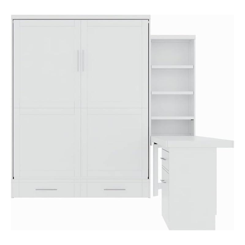 RoomAndLoft Brentwood Queen Contemporary Solid Wood Murphy Wall Bed and Shelf Storage with Side Desktop and Drawers in White