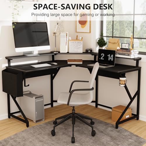 Wonder Comfort L Shaped 51 Inch Computer Desk with LED Lights,Corner Gaming Table Cup Holder Power Outlets/Monitor Stand for Home Office, Black