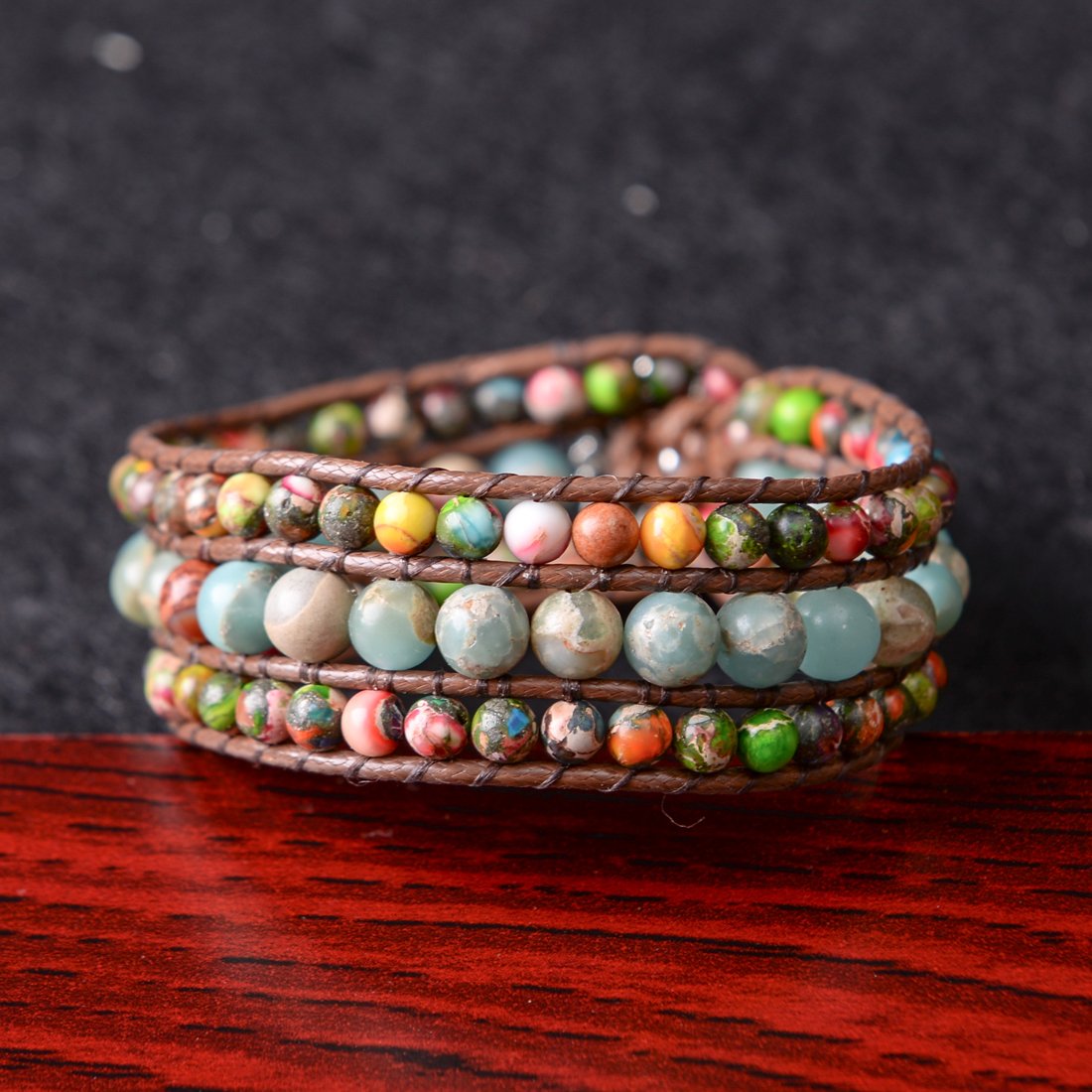 YGLINE Boho Handmade Natural Stone Bead 3 Row Wide Wrap Wrist Statment Bracelet Jewelry Collection (regalite &agalmatolite)