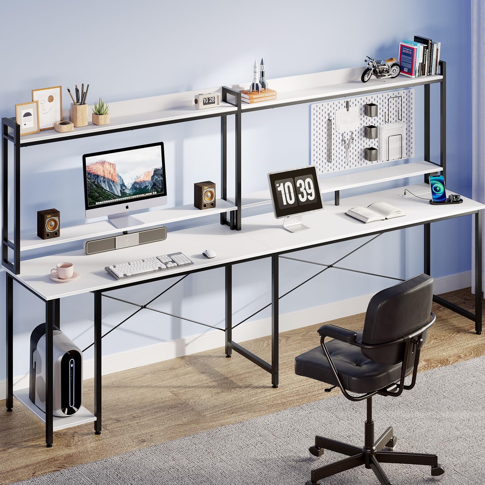 Rolanstar Computer Desk with Hutch & Storage Shelves, Gaming Desk with LED Lights & Power Outlets, L Shaped Desk, Corner Desk Home Office Desks, White