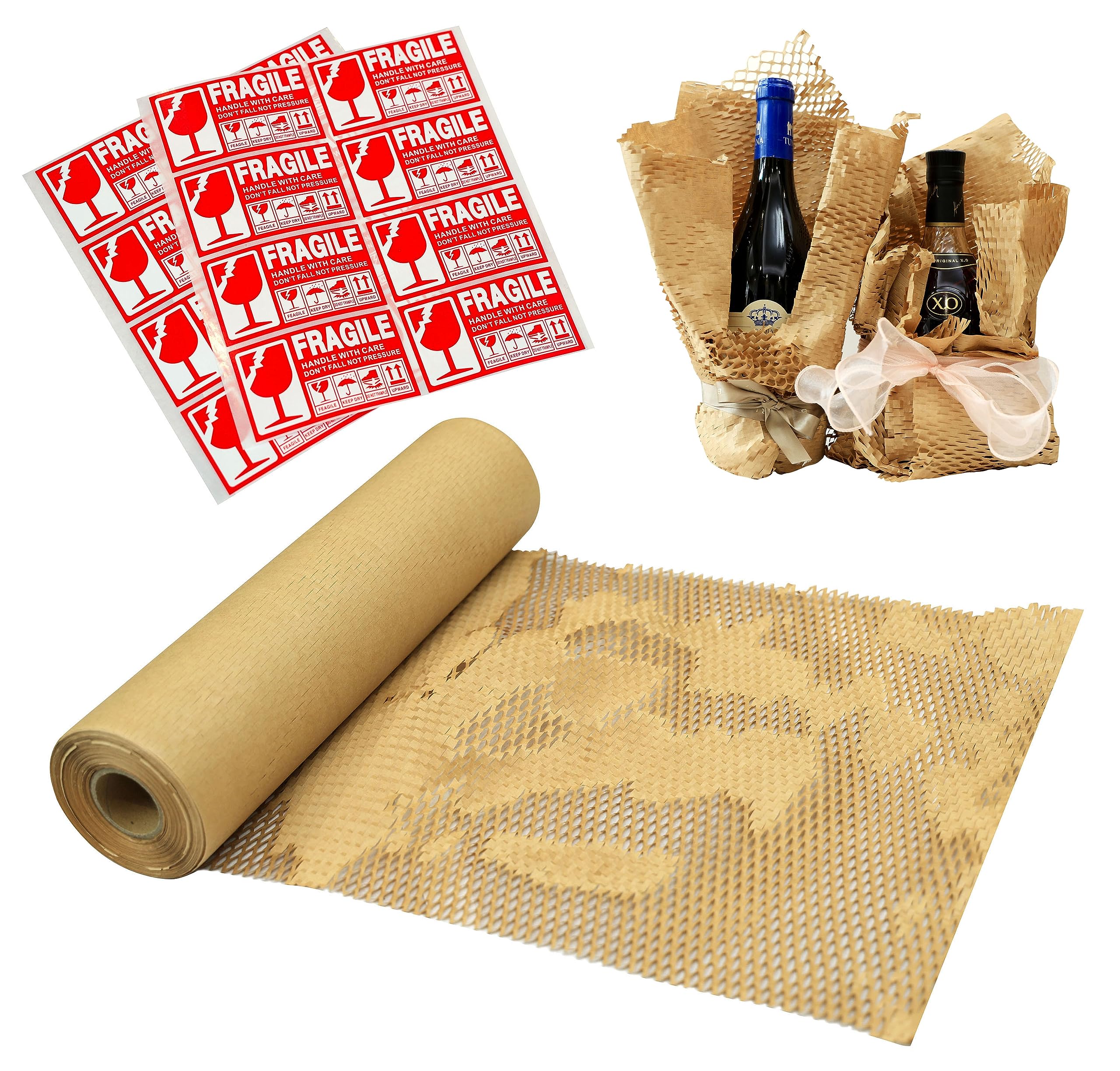 UTOCITY Eco-Friendly Honeycomb Packing Paper, Biodegradable and Recyclable Cushioning Wrap Bubble Paper Roll for Moving Shipping Packaging Gifts, Includes 20 Fragile Sticker Labels