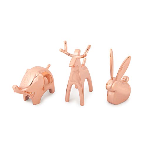Umbra Anigram Animal Ring Holder for Jewelry (3-Pack containing Bunny, Reindeer and Elephant), Copper, 3 PACK