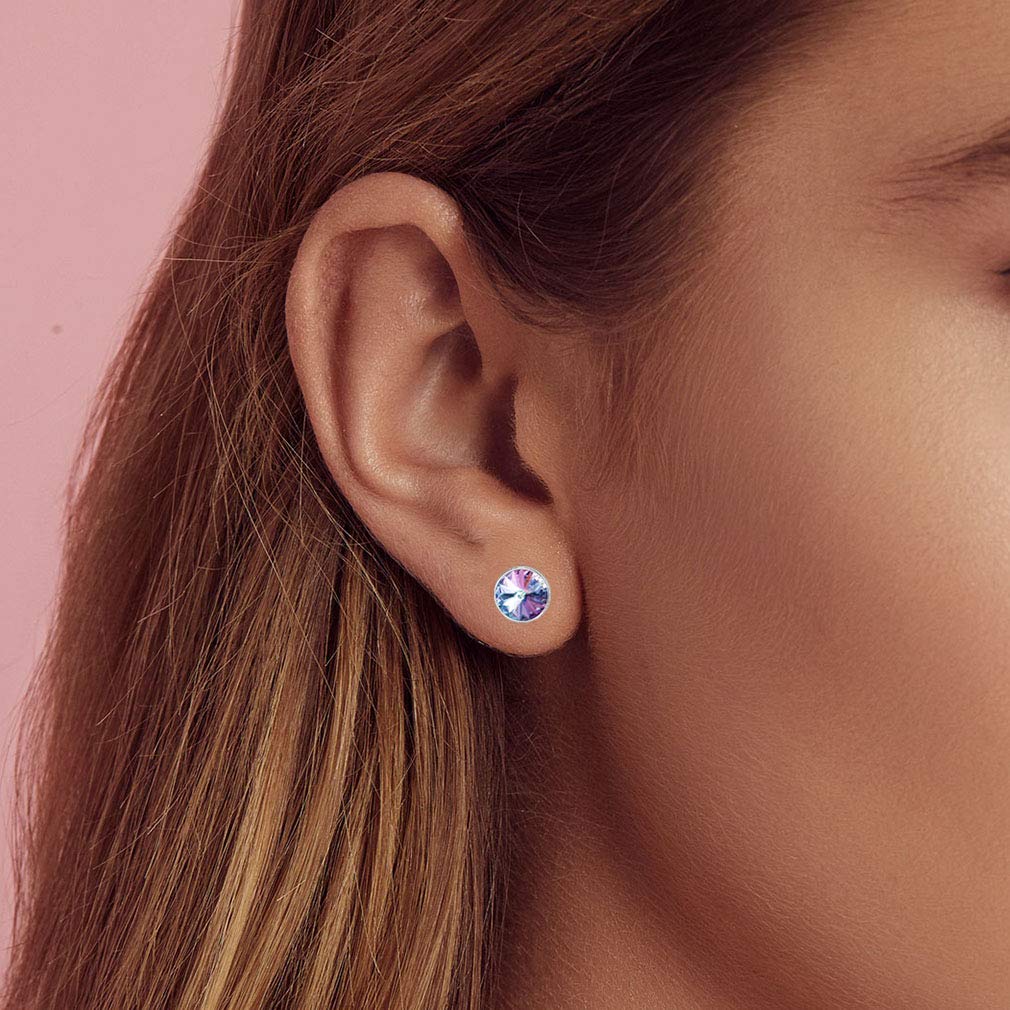 Round Austrian Crystal Stud Earrings for Women Fashion 925 Sterling Silver Hypoallergenic Jewelry (Vitrail Light)