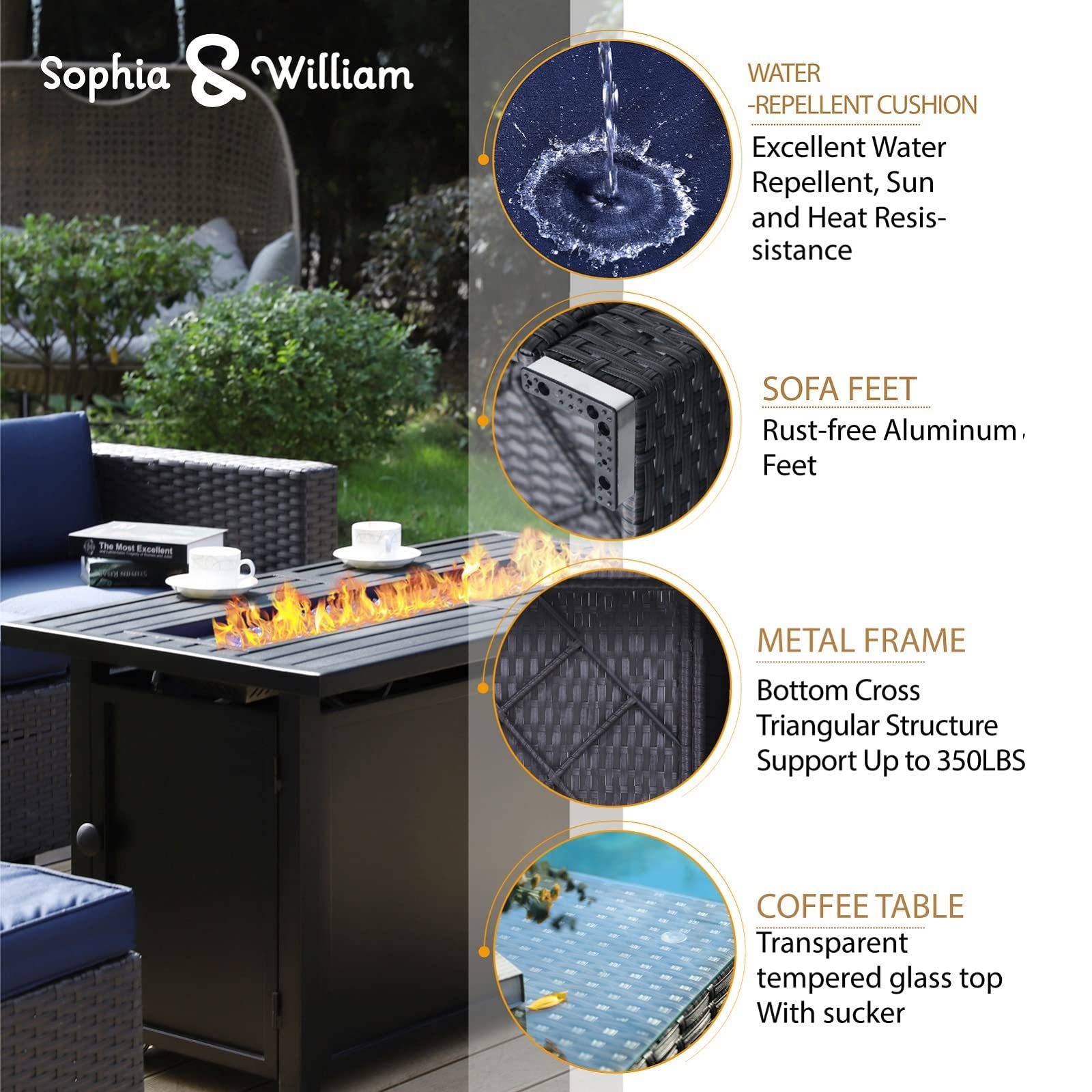 Sophia & William Patio Furniture Set with Fire Pit Table,15 Piece Outdoor Wicker Conversation Set with 45-Inch Fire Pit, Rattan Sectional Sofa, Navy Blue