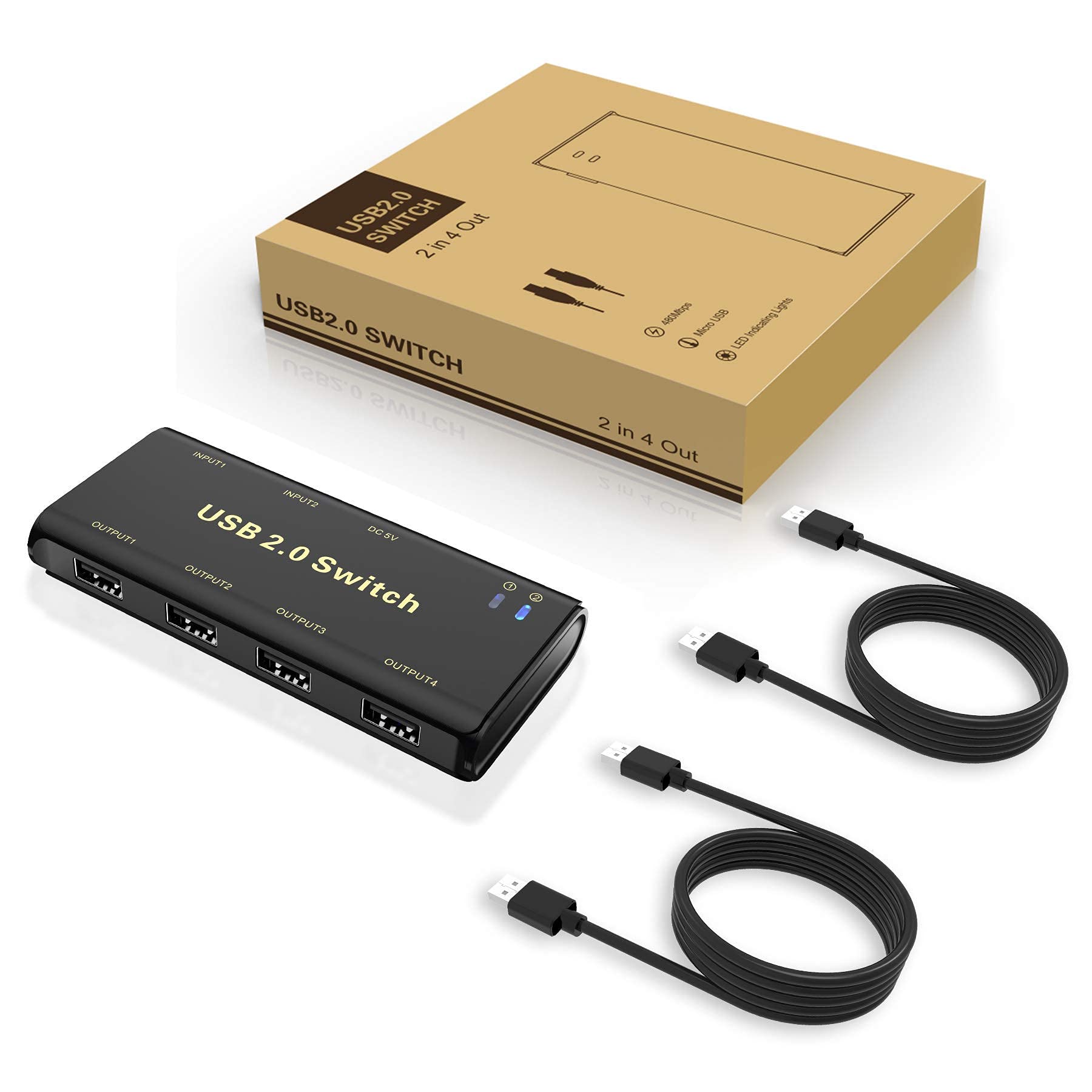 USB Switch Selector,ABLEWE KVM Switcher 4-Port USB 2.0 Peripheral Sharing Switch for Mouse, Keyboard, Scanner, Printer with One-Button Switch and 2 Pack USB Cable