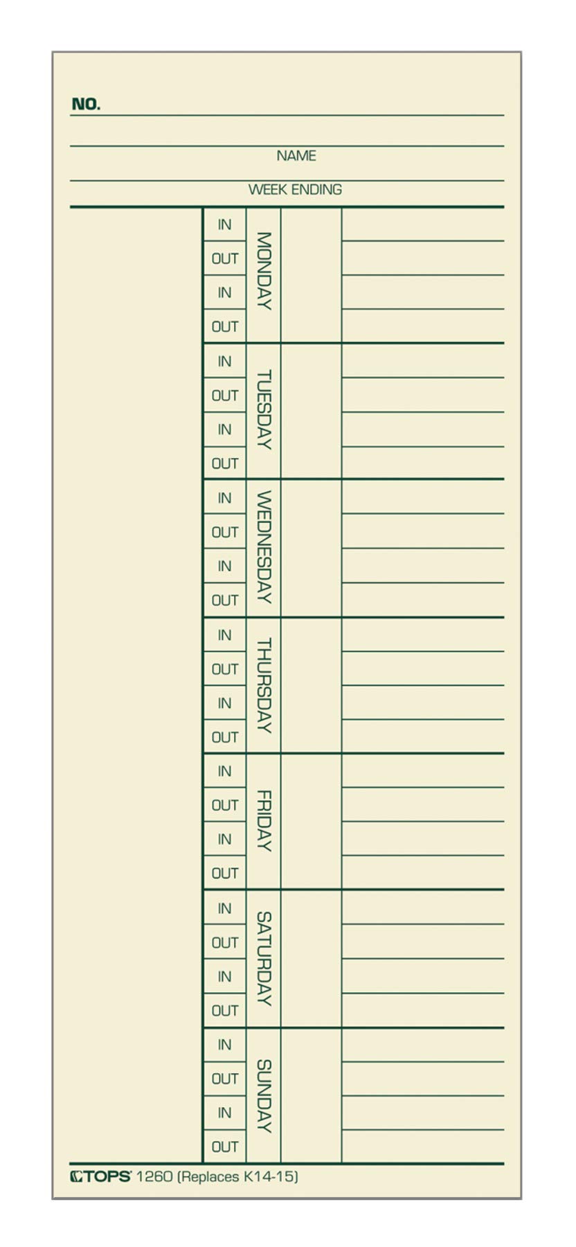 TOPS Time Cards, Weekly, 2-Sided, Named Days, 3-3/8" x 8-1/4", Manila, Green/Red Print, 500-Count (1260)