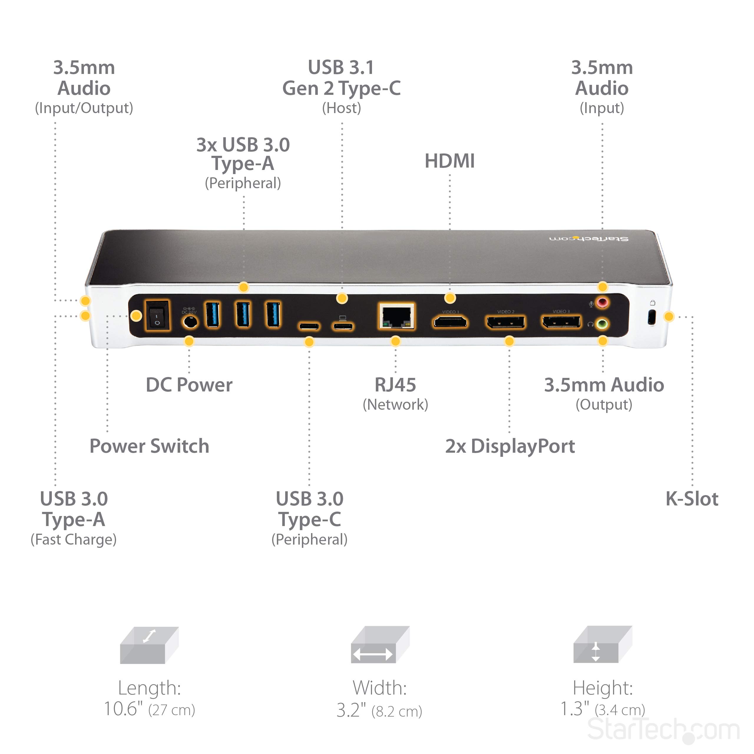StarTech.com USB-C Dock - 4K Triple Monitor Laptop Docking Station with Dual DisplayPort & HDMI - 100W Power Delivery - USB-C, 4x USB-A Hub - USB 3.1 Gen 1 Type-C Dock - Windows & MacBook (DK30CH2DEP)