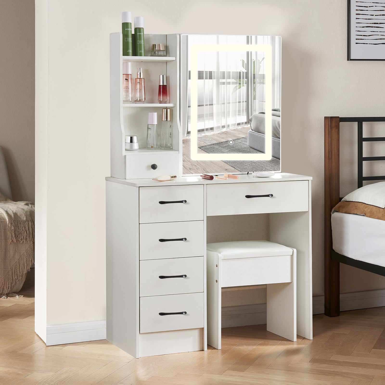 White Vanity Desk with Mirror and Lights, Vanity Table with LED Lighted Mirror, 6 Drawers Large Makeup Table with Lots Storage, Bedroom Sets Vanity Mirror with Lights Desk and Chair