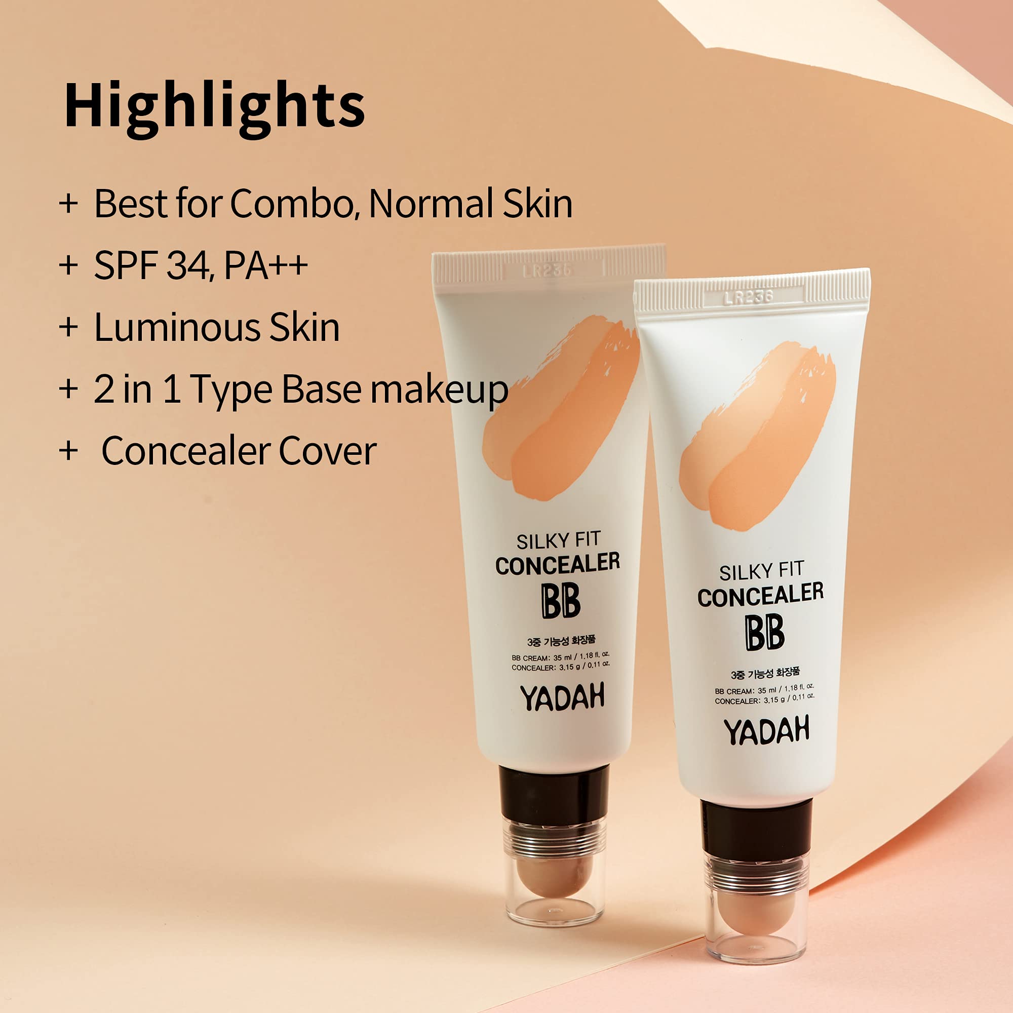 YADAH Silky Fit Concealer BB Power Brightening 1.18 Ounce 21 Light Beige, 2 in 1 Base Makeup Natural Ingredients Foundation Cream