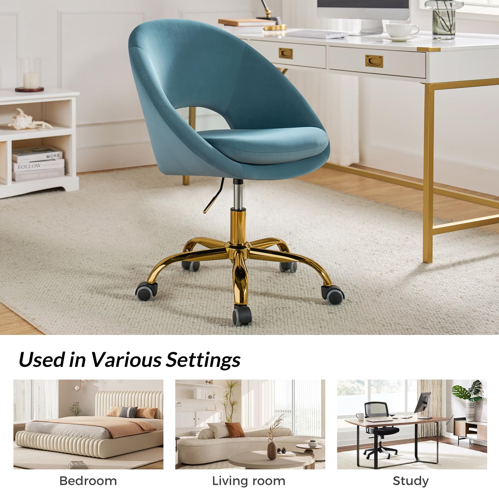 Velvet Fabric Task Chair with Wheels Swivel Soft Seat Computer Chair for Home Office Work Study Vanity Small Desk Chair-Grey…