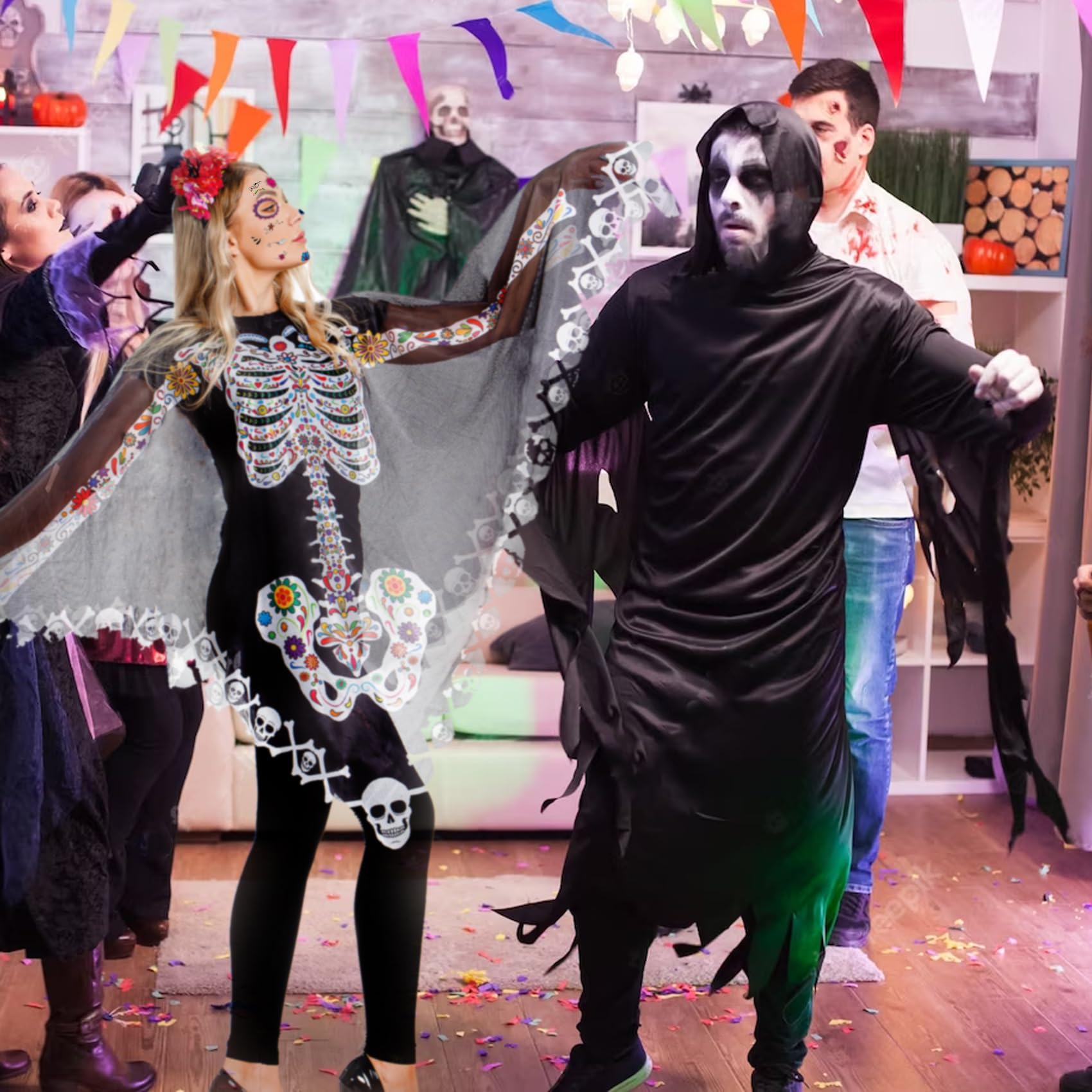 WATCPNO Halloween Skeleton Poncho for Women Day of The Dead Skeleton Costume Lace Skeleton Cape Shawl