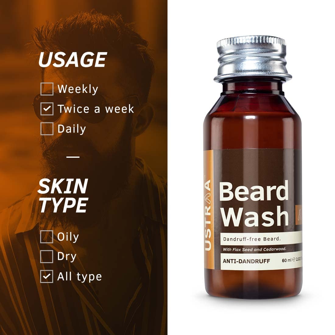 Ustraa Beard Wash Anti-Dandruff | Helps fight beard dandruff, Thick Foam Formula for Full Beard, With Prickly Pear Cactus Extract, No Post-wash Dryness, Sulphate-Free Beard Shampoo