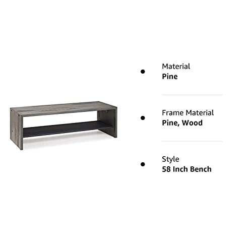 Walker Edison Meg Rustic Solid Wood Two Tier Entryway Bench, 58 Inch, Grey