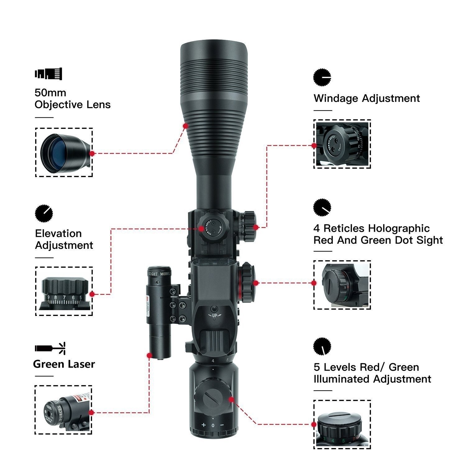THEA C4-12X50 Scope Dual Illuminated Reticle w/Green Laser Sight and 4 Tactical Holographic Dot Reflex Sight (12 Month Warranty) (Green)