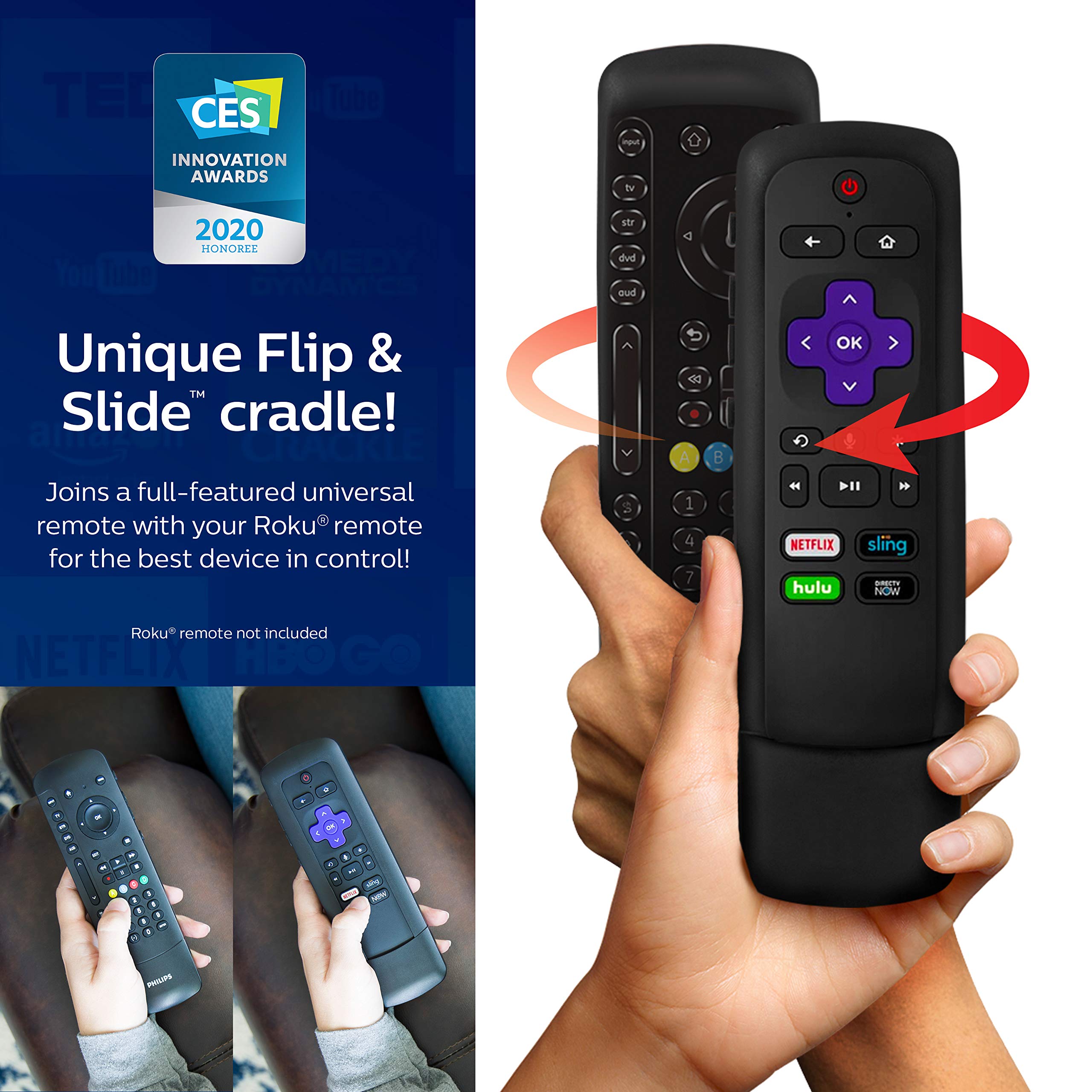 Universal Remote Control with Roku Remote Slide-in Cradle for use with Samsung, Vizio, LG, Sony, Sharp, Apple TV, TCL, Smart TVs, Streaming Players, Blu-ray, 4-device, SRP2024R/27 by Philips