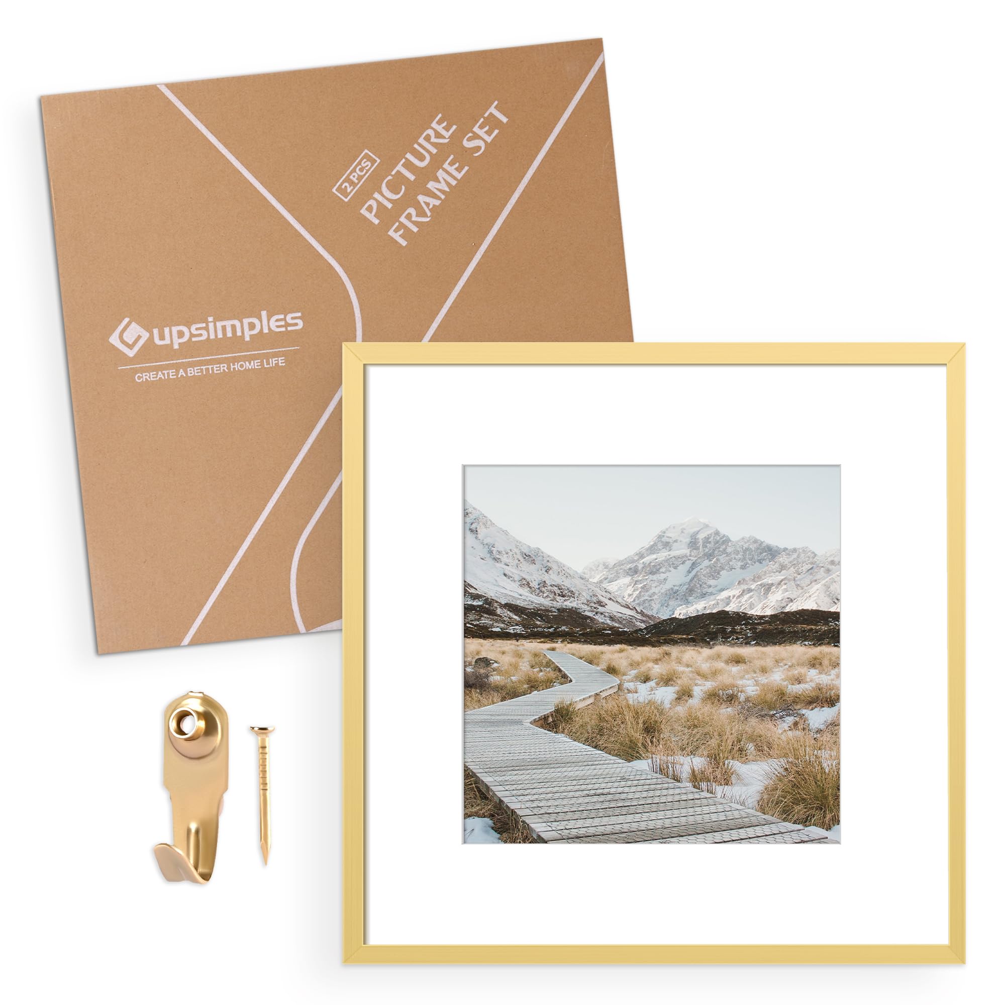 upsimples 12x12 Aluminum Picture Frame with mat for 8x8, Gallery Wall Decor Metal Photo Frames Set of 2, Gold