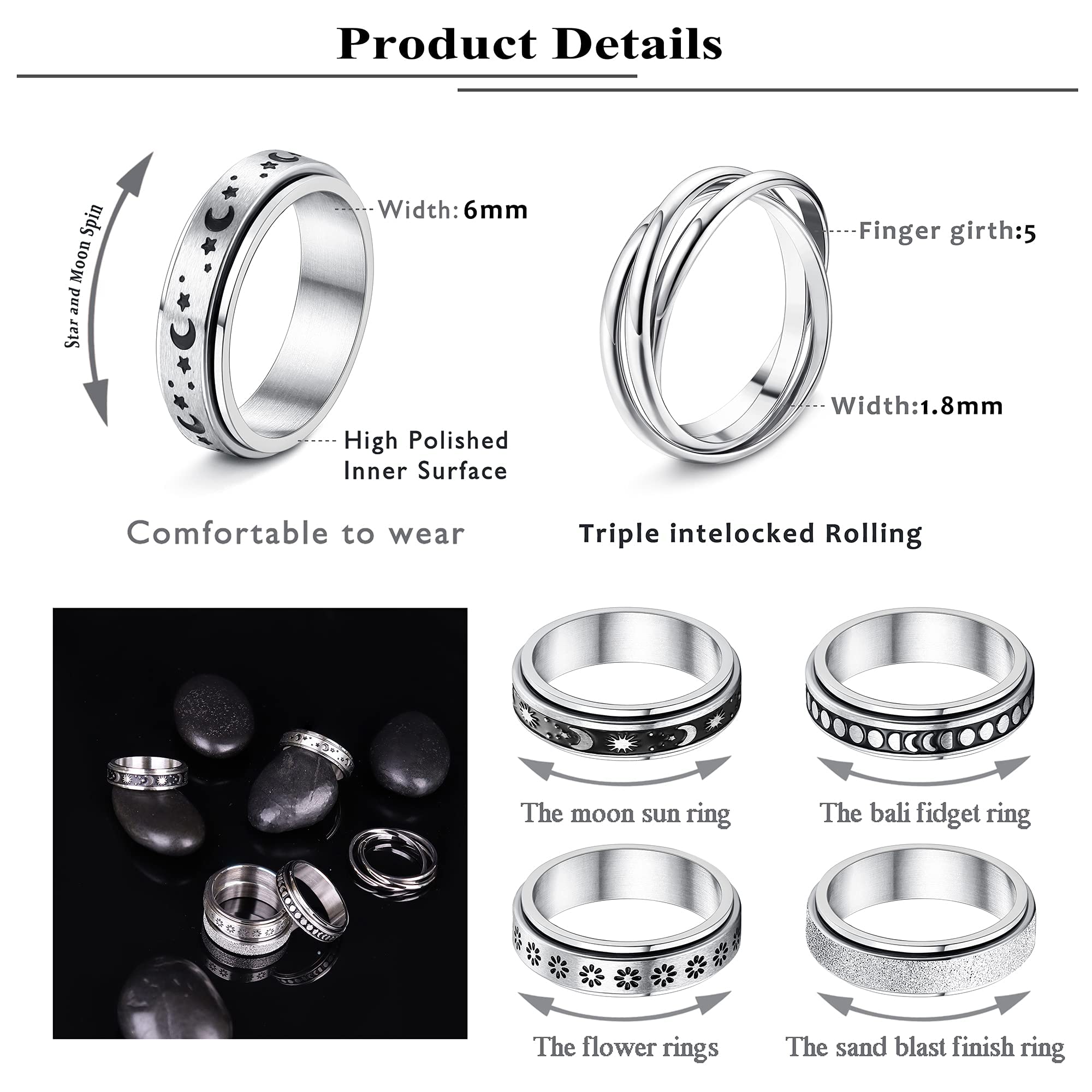 Subiceto 6 Pcs Spinner Rings for Women Stainless Steel Fidget Band Rings Set Moon Star Flower Sand Blast Finish Womens Ring for Stress Relieving Wedding Size 7