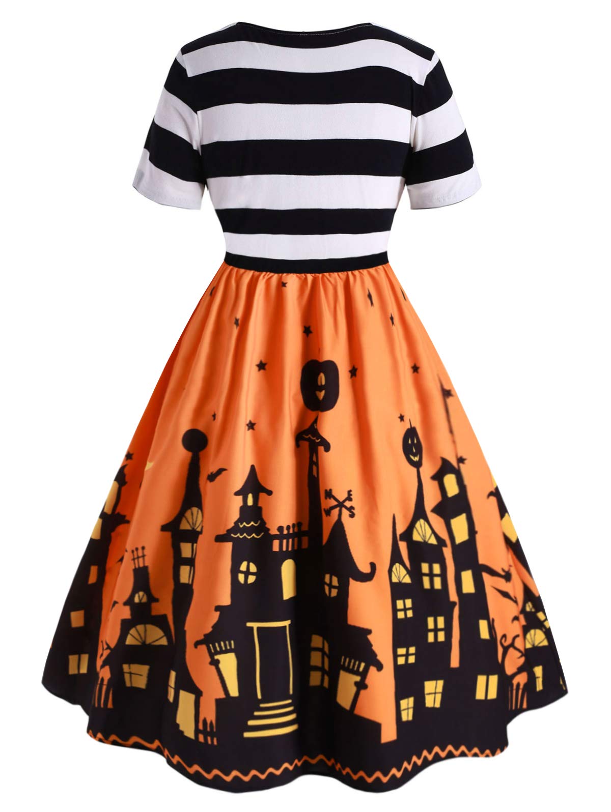 ZEZCLO Women's Plus Size Halloween Dress Funny Striped Pumpkin Halloween Costume Flared Dresses Orange 3XL
