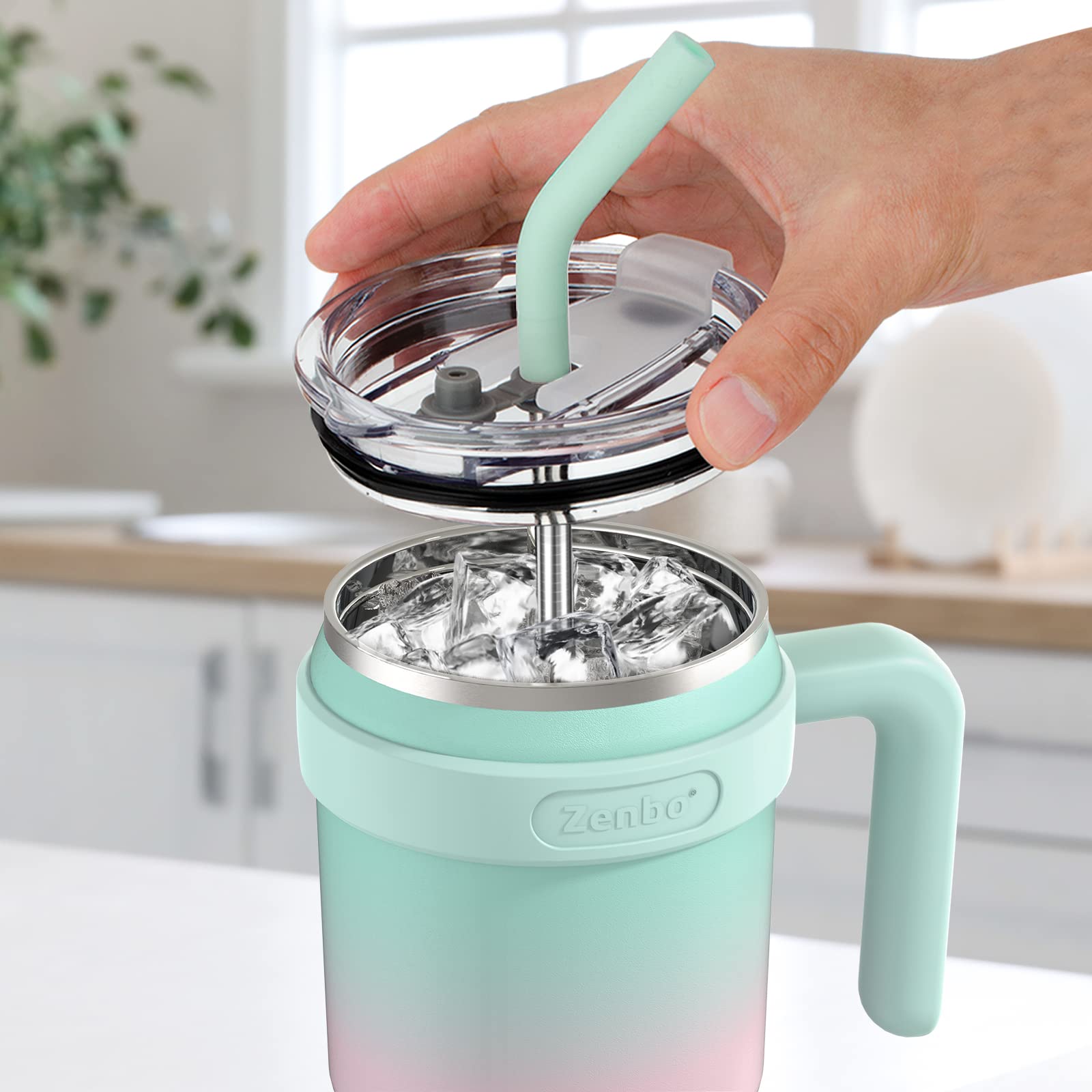 Zenbo 40 oz Tumbler with Handle–Stainless Steel Vacuum Insulated Mug Cup with Handle,Lid and Straw,Keeps Drinks Cold up to 34 Hours – Sweat-Proof Body, Dishwasher Safe