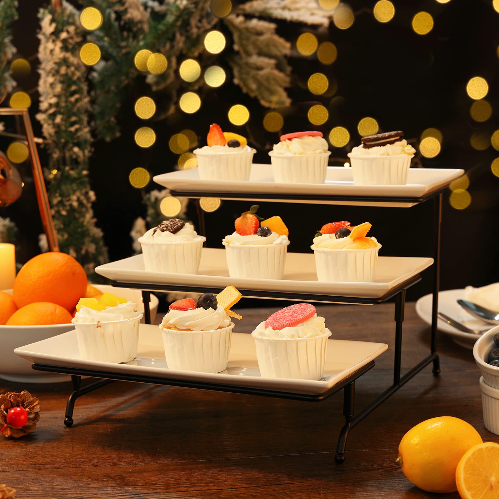 Yedio Porcelain Coffee Cups with Saucers and Metal Stand and 3 Tier Rectangular Serving Platter Bundle