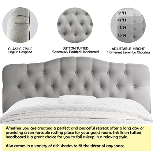 Rosevera Harriman Adjustable Heigh Headboard with Linen Upholstery and Button Tufting, Queen, Light Gray