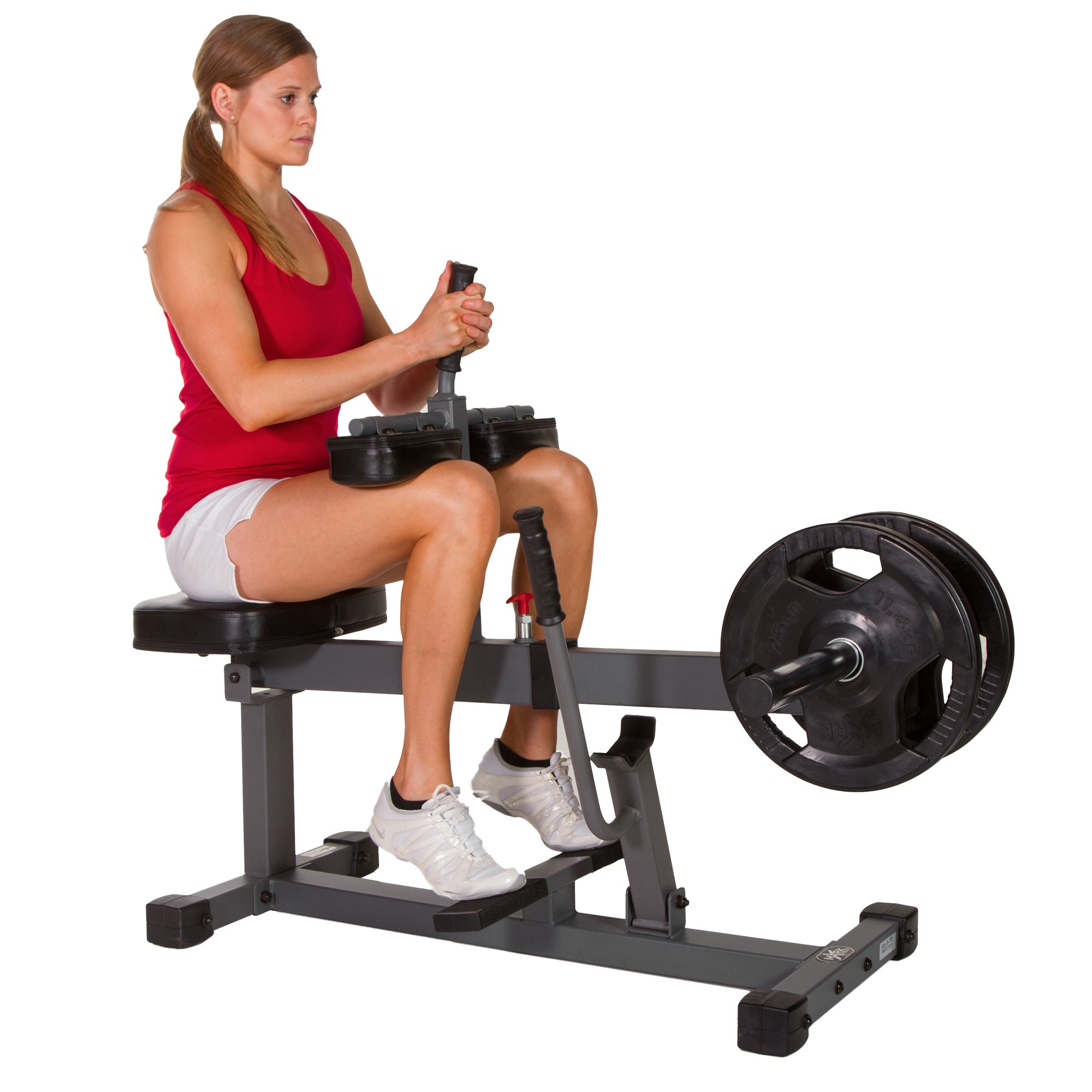 XMark Seated Calf Raise, Weight Plate Loaded, Dual Olympic Weight Posts, Height Adjustable Swiveling Thigh Pad, Lower Body Specialty Machine, Leg Day Machine